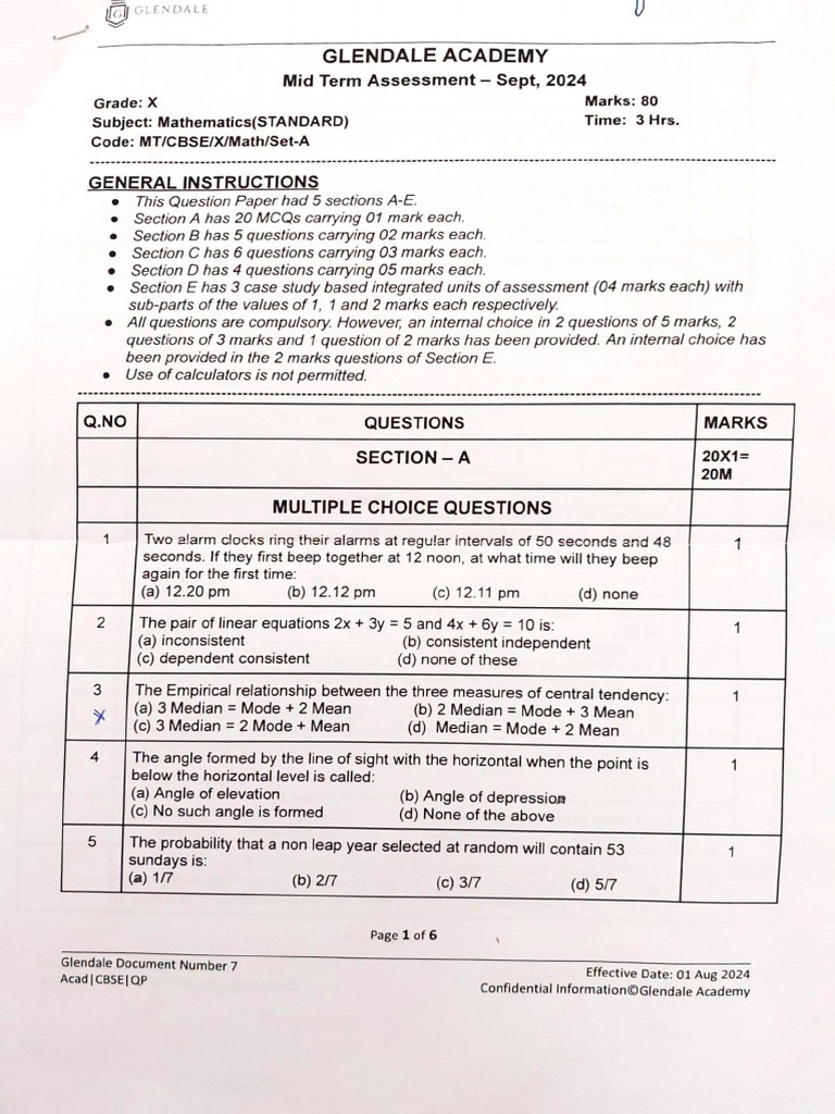 Maths Mid-Term QP | PDF | Mean | Mathematics