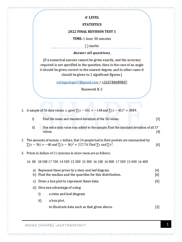 A-Level Statistics Revision Test | PDF | Statistical Theory ...