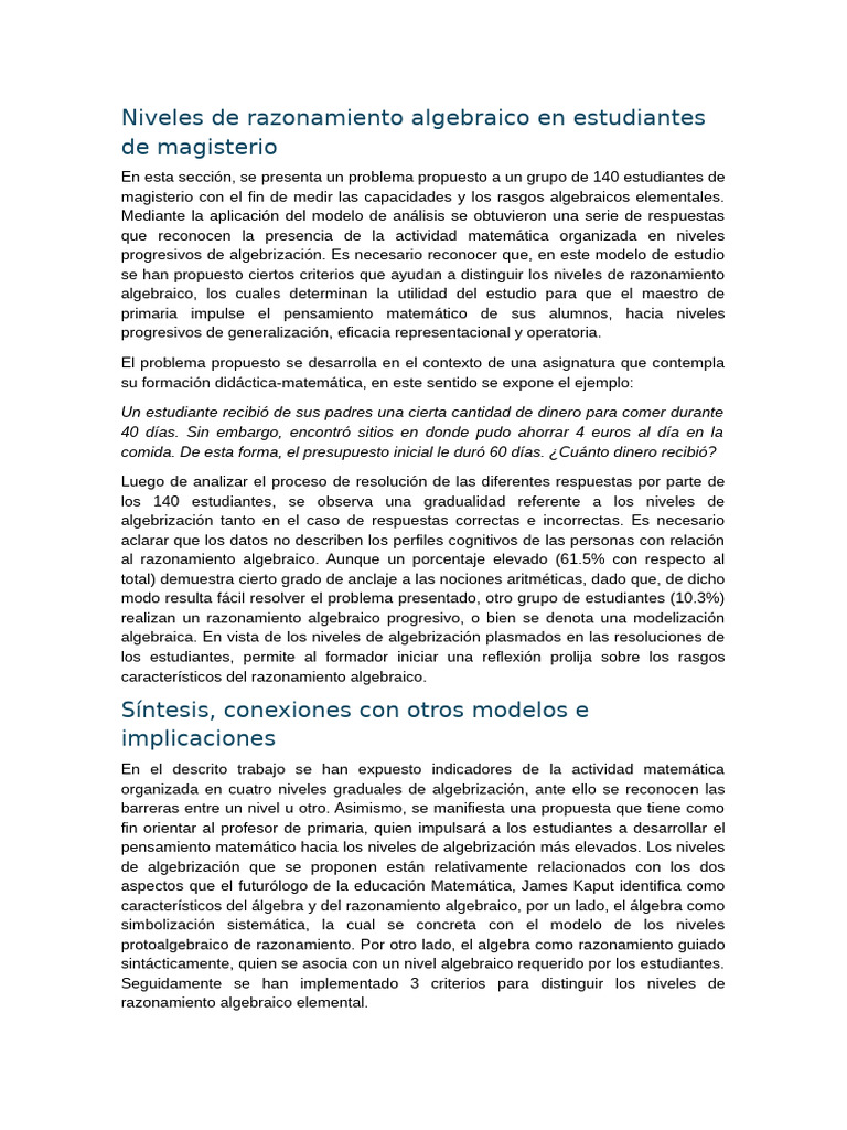 Niveles de Razonamiento Algebraico en Estudiantes de Magisterio | PDF ...