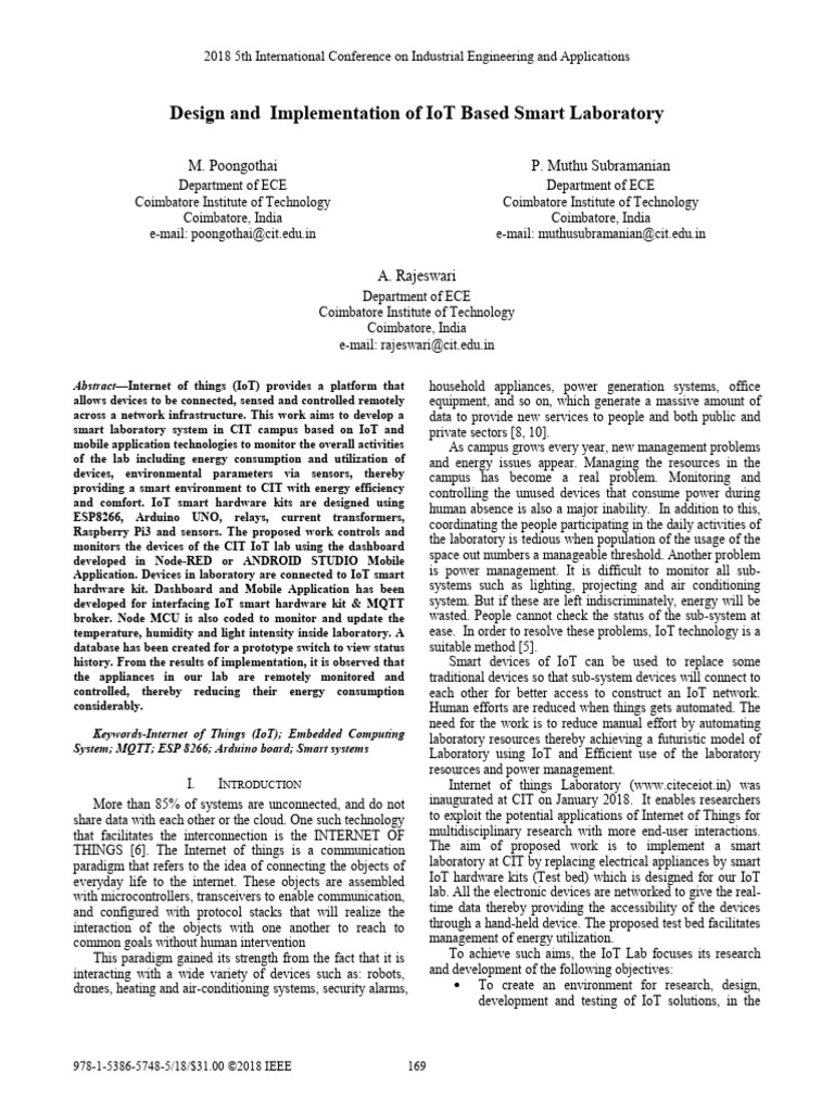 Design and Implementation of IoT Based Smart Laboratory | PDF | Internet Of Things | Computing