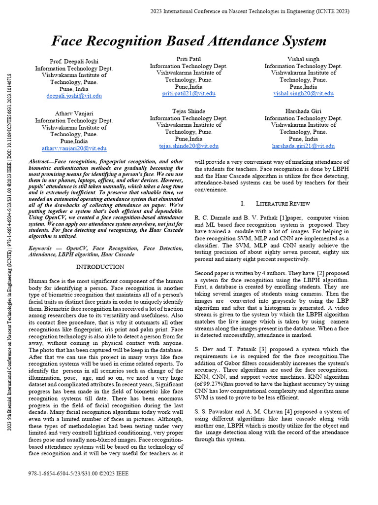 Face Recognition Based Attendance System Pdf Machine Learning Algorithms