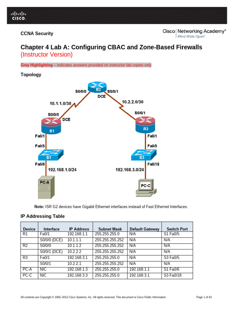 CCNASv1.1_Chp04_Lab-A_CBAC-ZBF_Instructor | PDF | Router (Computing) | Computer Network