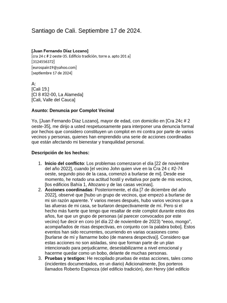 Denuncia de Acoso Vecinal | PDF | La risa