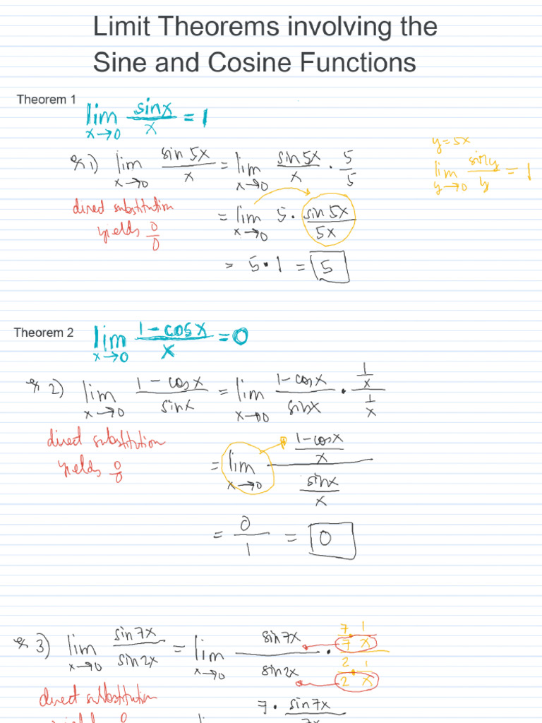 Math 13 Limit Theorems Involving Sine and Cosine Fcns | PDF
