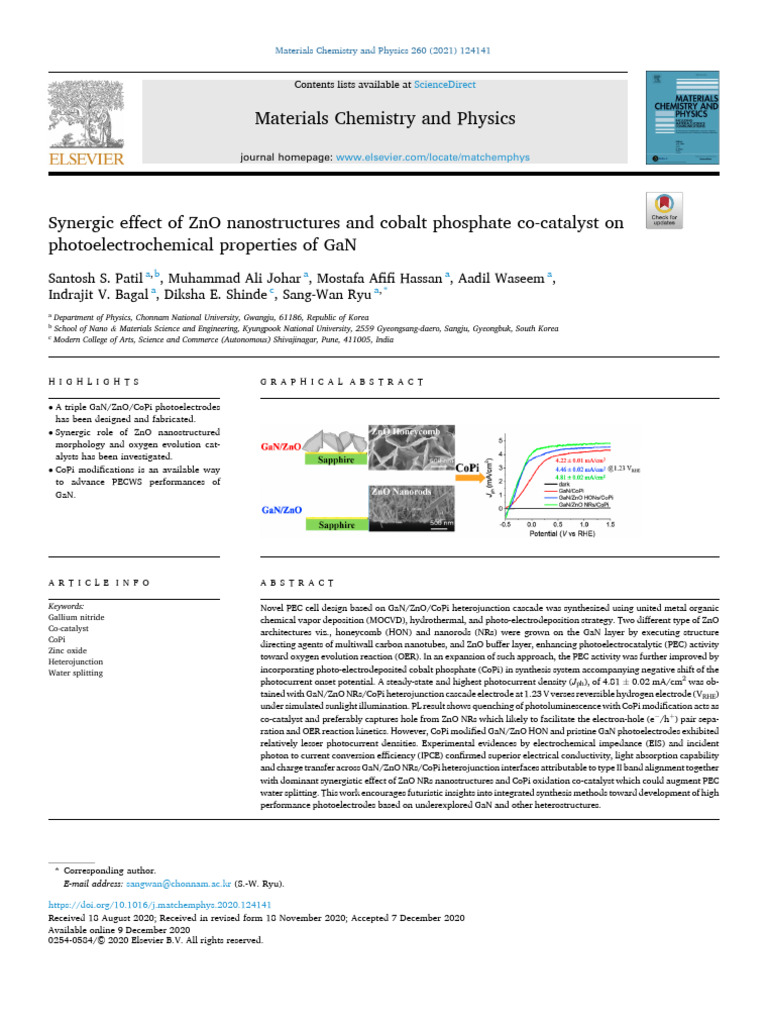 Synergic Effect of ZnO Nanostructures and Cobalt Phosph - 2021 - Materials Chemi | PDF | Zinc ...