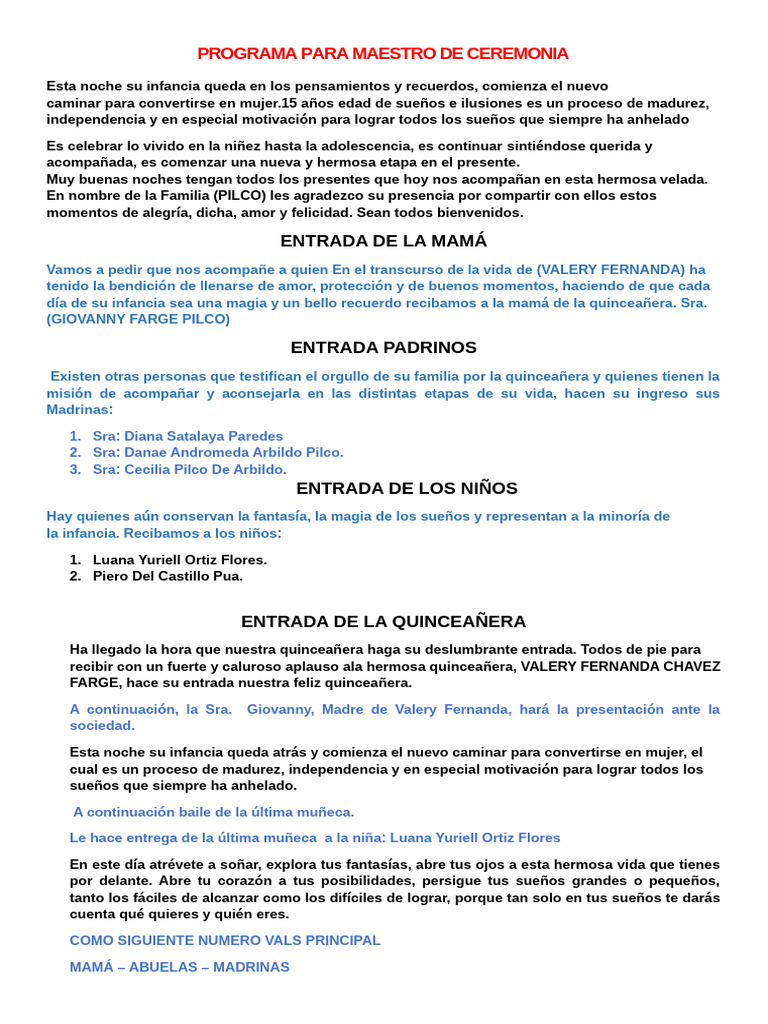 Programa para Maestro de Ceremonia Quinceañera | PDF