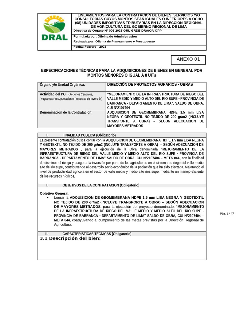02 - Eett Geomembrana y Geotextil para El Adicional N2 | PDF | Corrupción política | Presupuesto