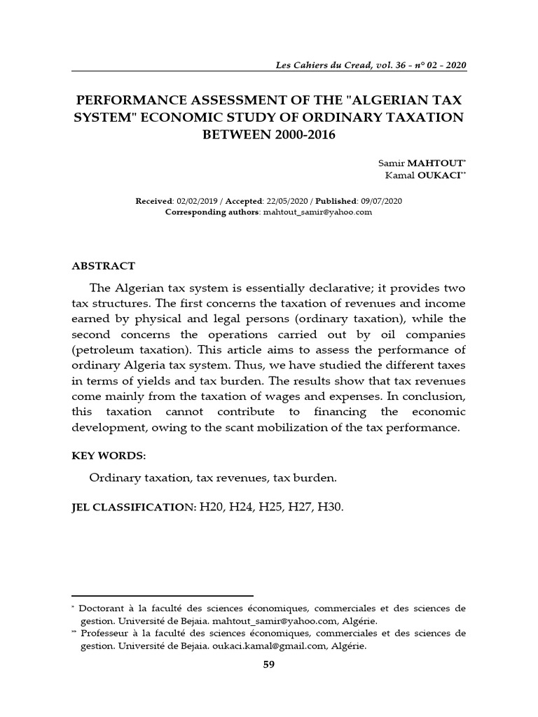 Performance Assessment of The - Algerian Tax System - Economic Study of ...