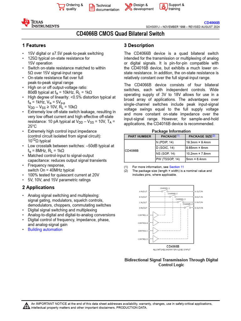 CD4066B CMOS Quad Bilateral Switch: 1 Features 3 Description | PDF ...