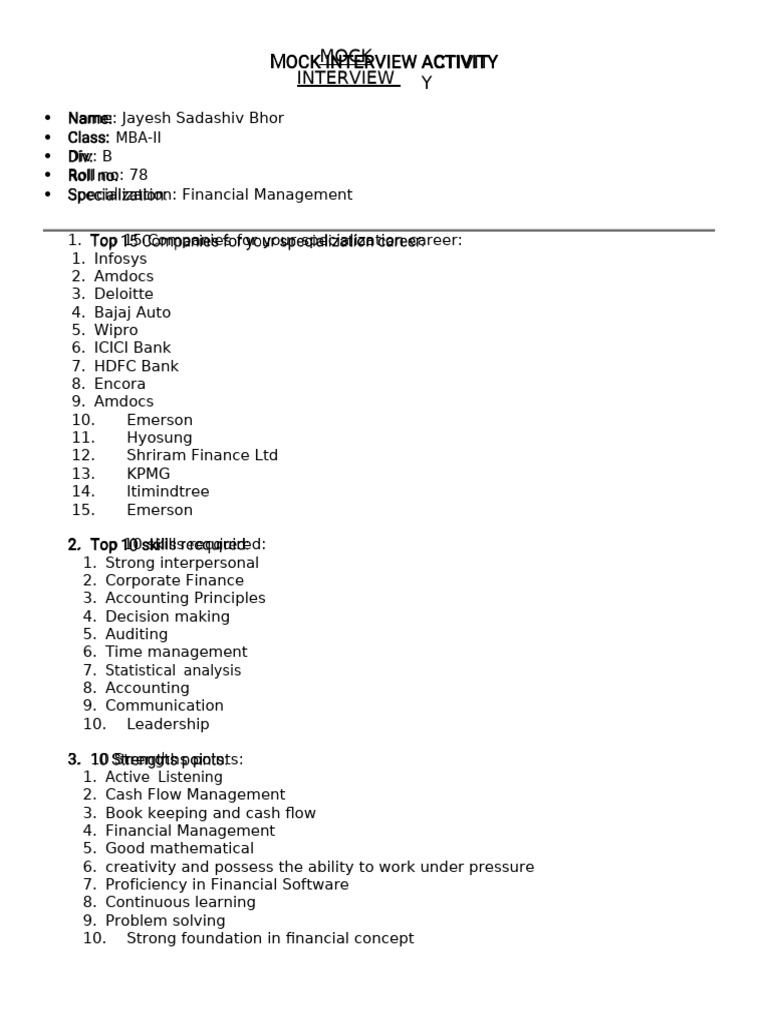 mock interview activity û6u | PDF | Cognition | Business