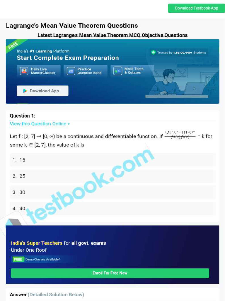 MCQ On Lagranges Mean Value Theorem 5eea6a1439140f30f369f15d | PDF