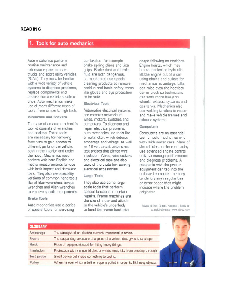 READING. Tools For Auto-Mechanics | PDF | Technology & Engineering