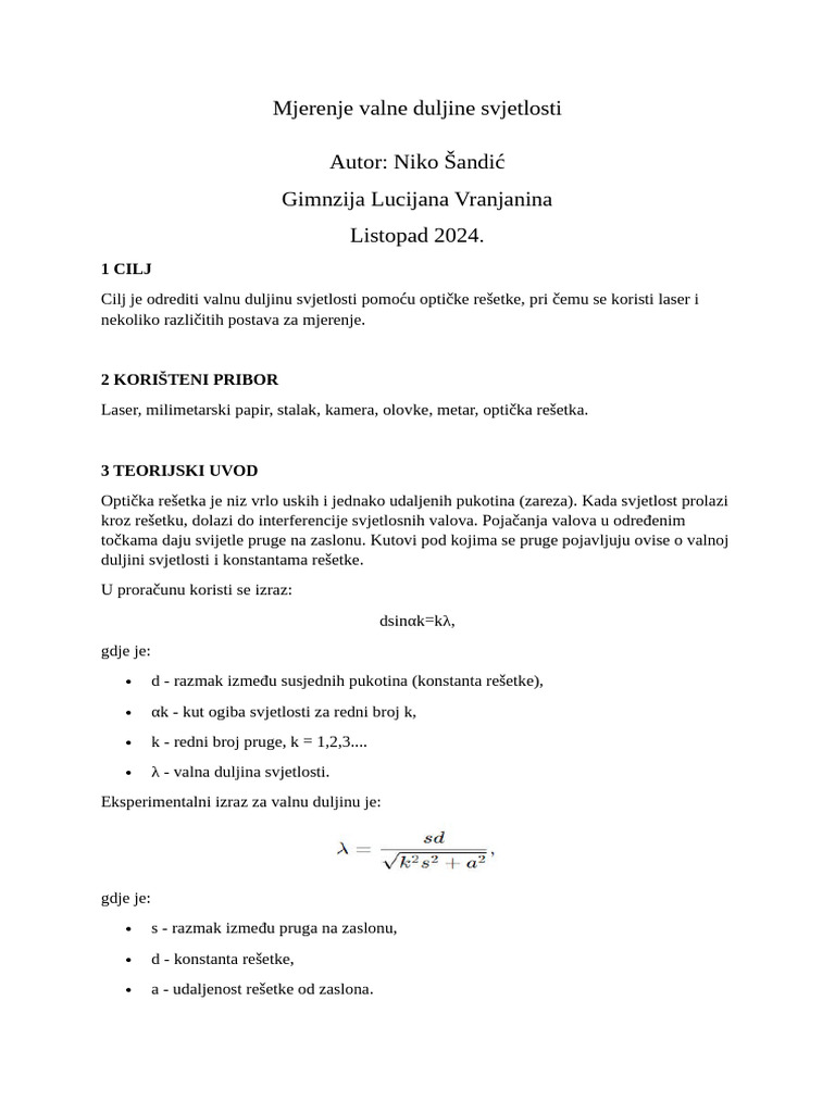 Mjerenje Valne Duljine Svjetlosti | PDF