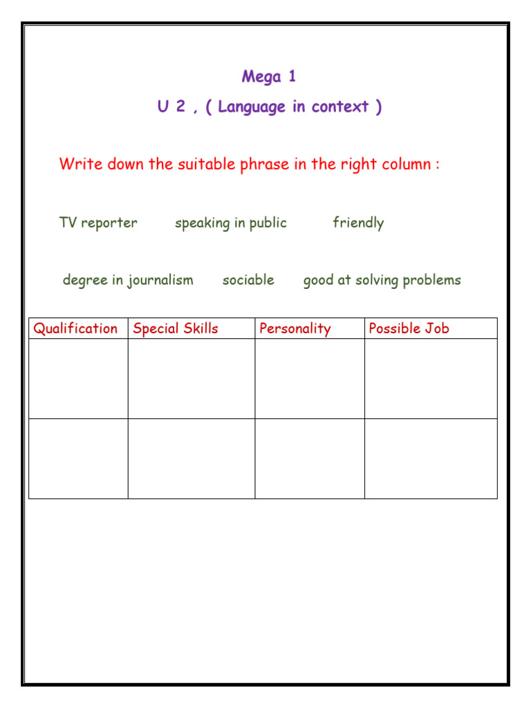 Write Down The Suitable Phrase in The Right Column:: Mega 1 U 2, (Language in Context) | PDF