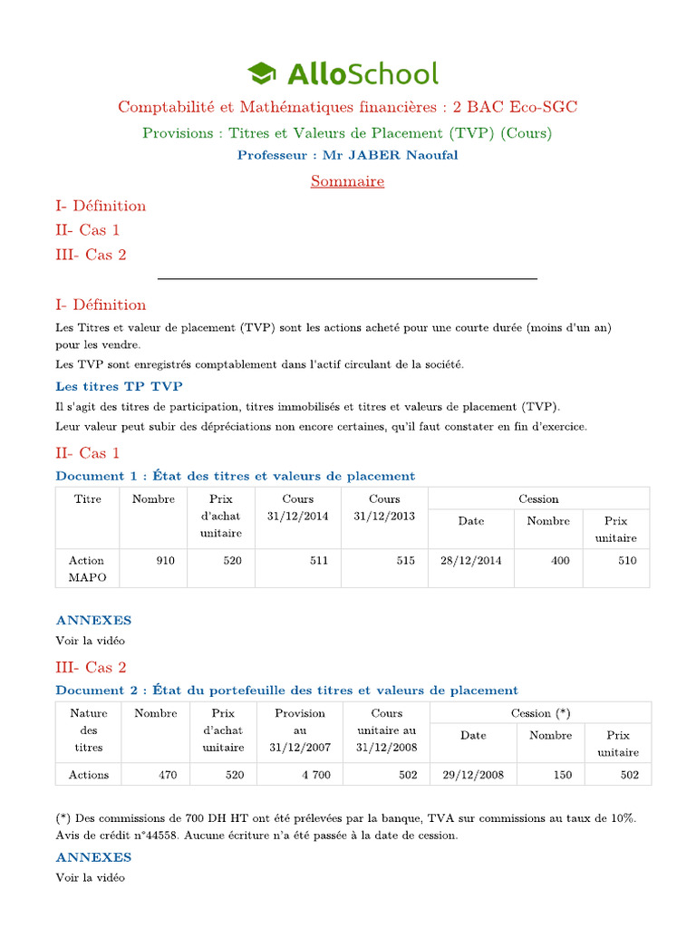 Provisions Titres Et Valeurs de Placement TVP Cours | PDF