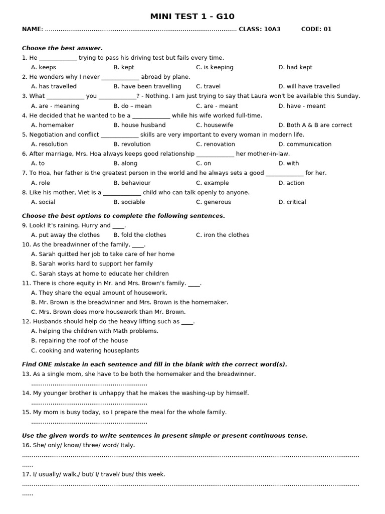 Grade 10 English Mini Test | PDF | Friendship | Social Psychology