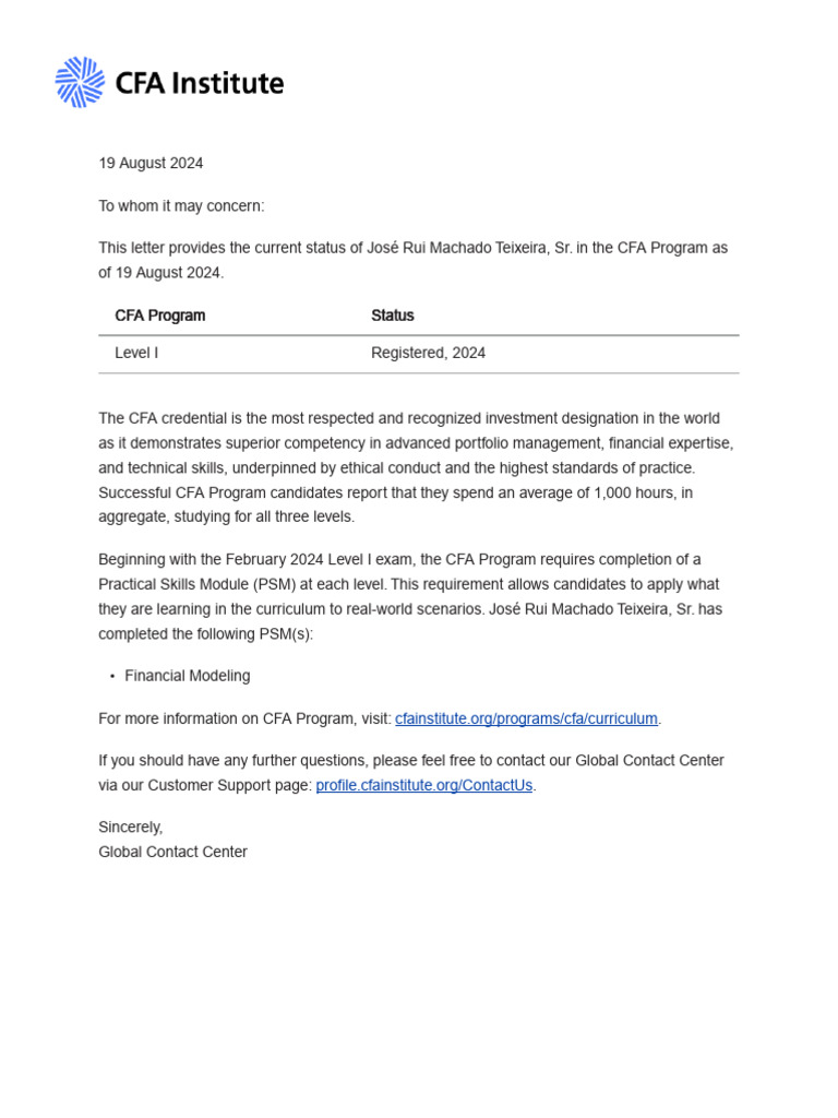CFA Program Verification Letter | PDF