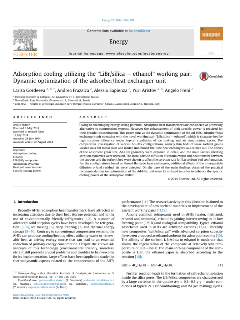 Dynamic Optimization of Adsorption Cooling | PDF | Adsorption | Applied ...