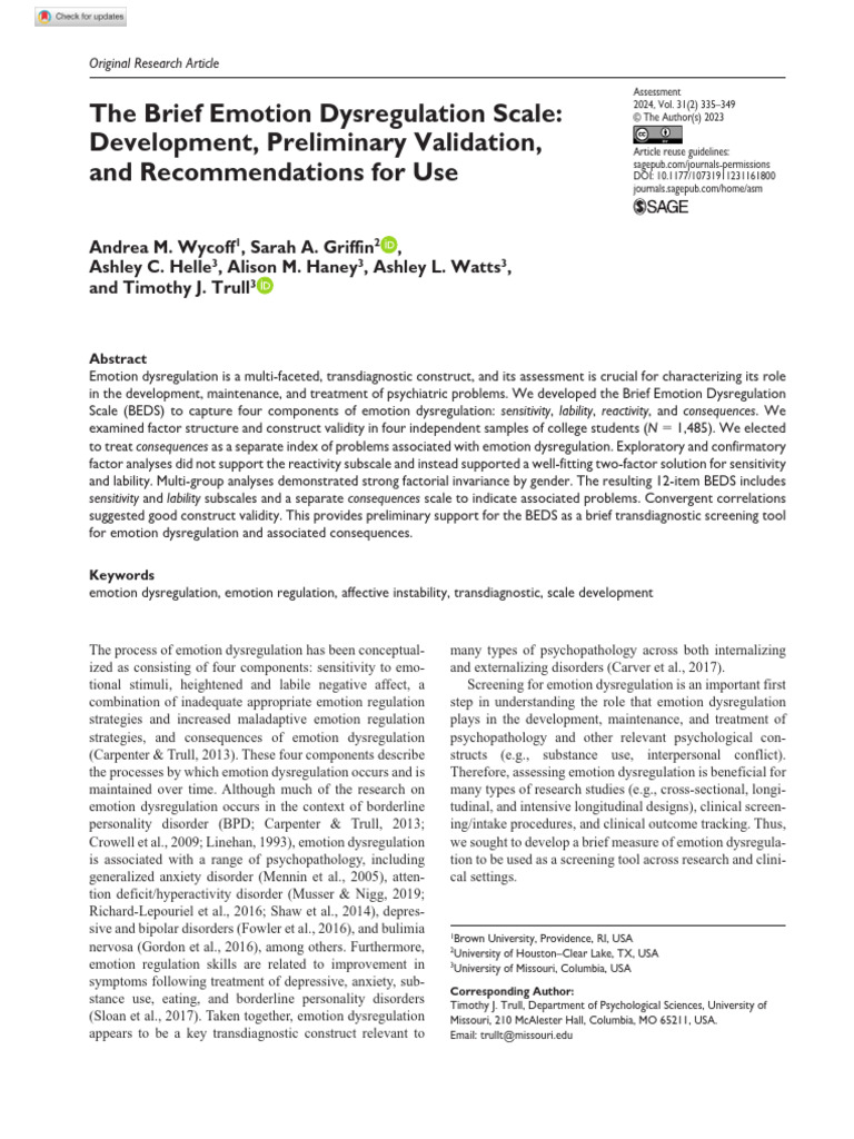 Wycoff Et Al 2023 The Brief Emotion Dysregulation Scale Development ...