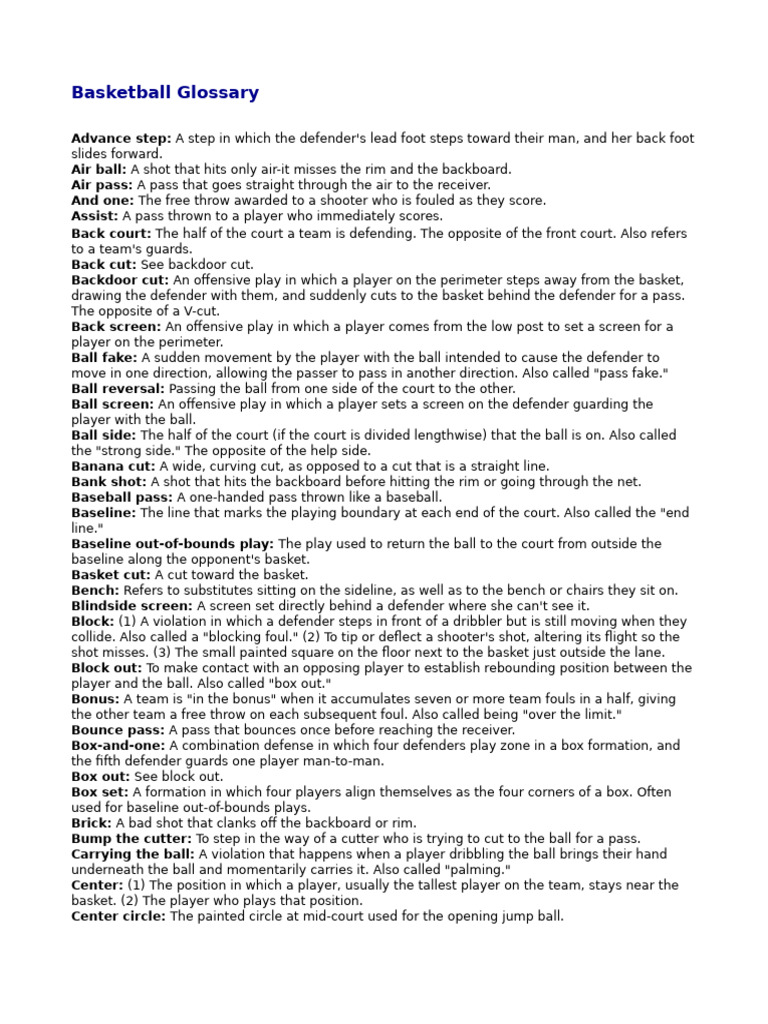Basketball Glossary | PDF | Basketball Positions | Indoor Sports