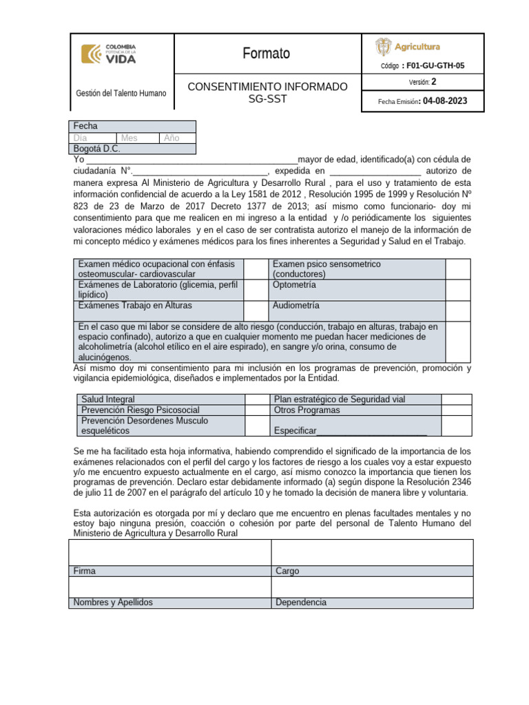 FT SST 004 Formato Consentimiento Informado SGSST | PDF ... FT SST 004 Formato Consentimiento Informado SGSST | PDF ...