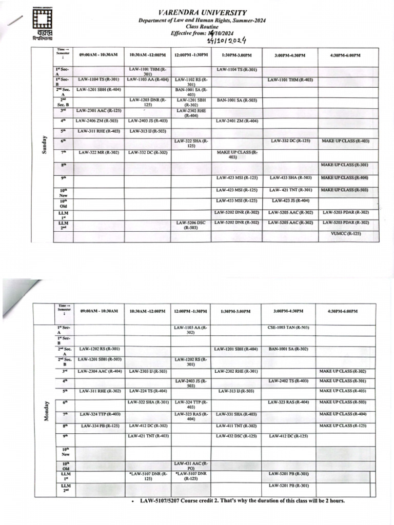 Class Routine, Summer 2024 (Effective From 14-10-2024) | PDF