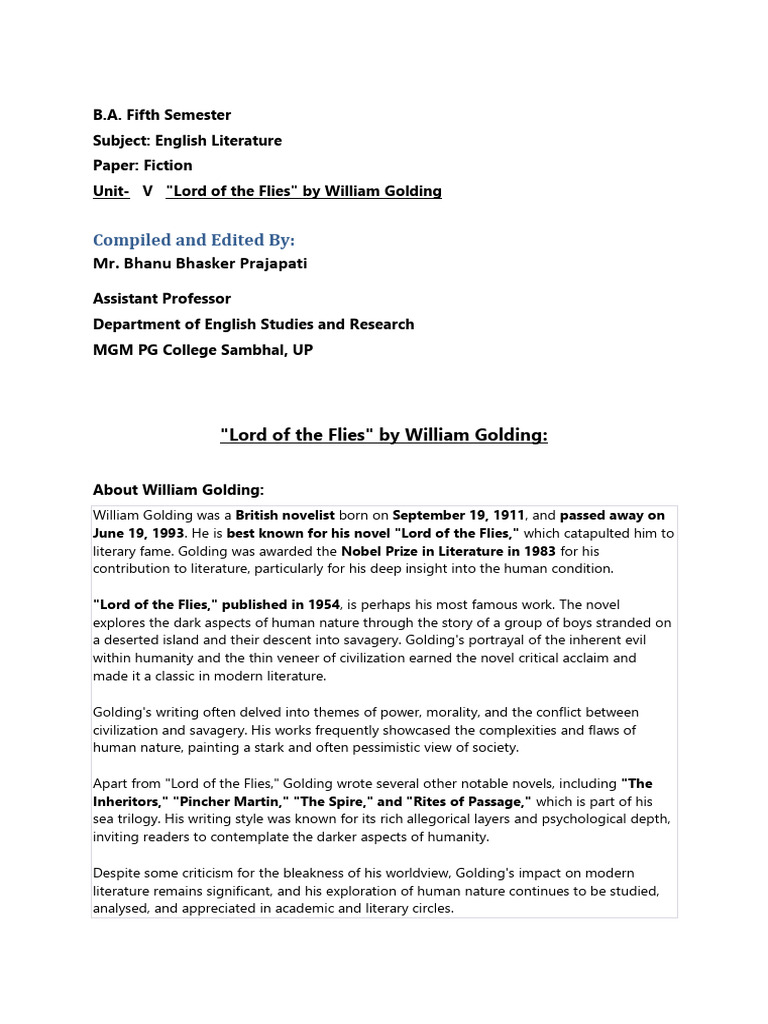 Unit-V Lord of The Flies by William Golding | PDF | History | Young Adult