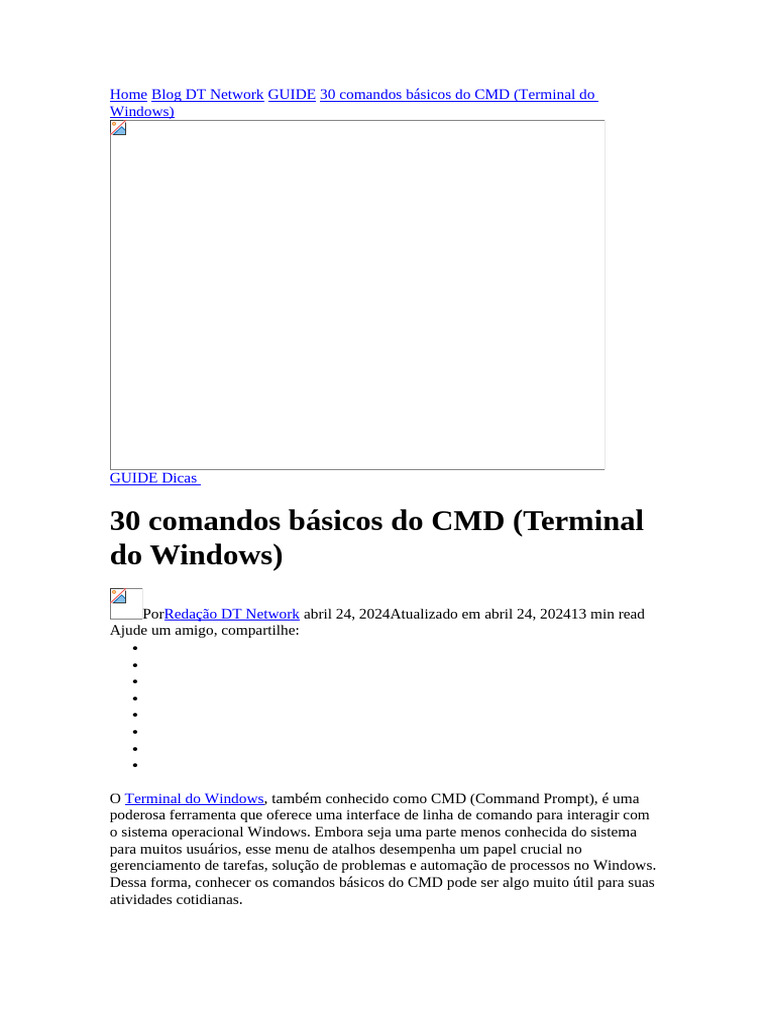 Home Blog DT Network GUIDE 30 Comandos Básicos Do CMD | PDF | Botão Ctrl | Registro do Windows
