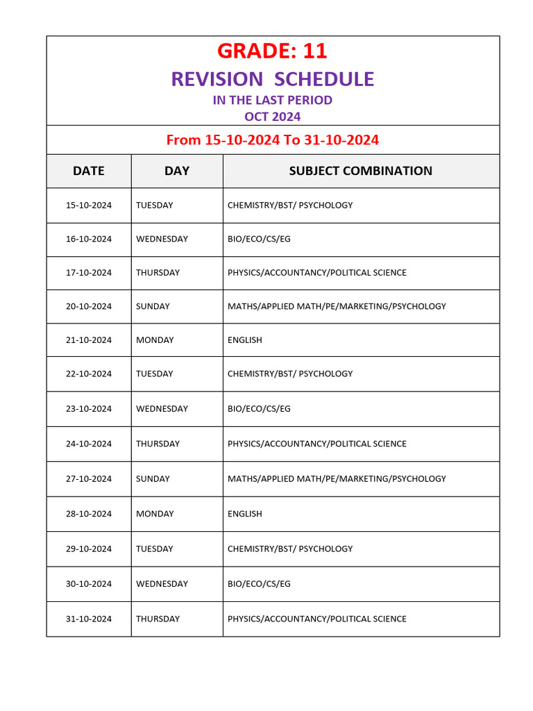 Subject Teaching Time Table Grade 11 2024 | PDF