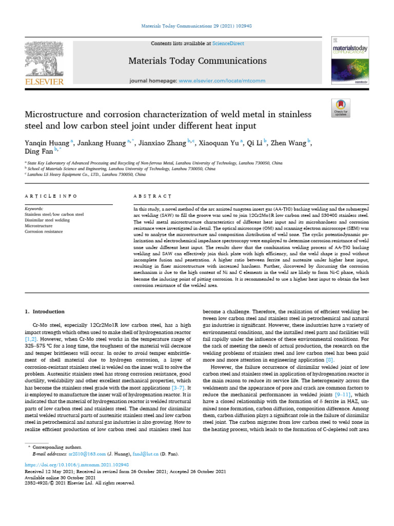 Microstructure and Corrosion Characterization of Weld Metal in ...
