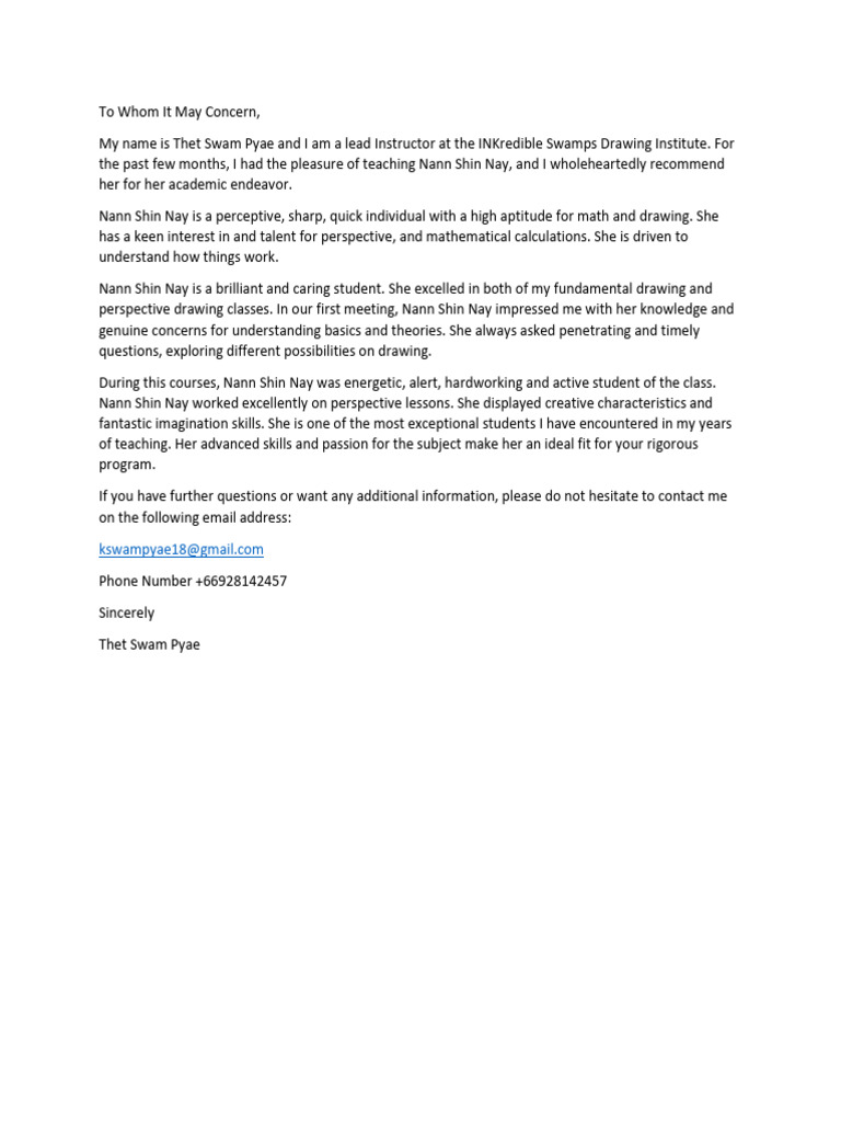 Recommendation Letter by Drawing Class Mentor | PDF