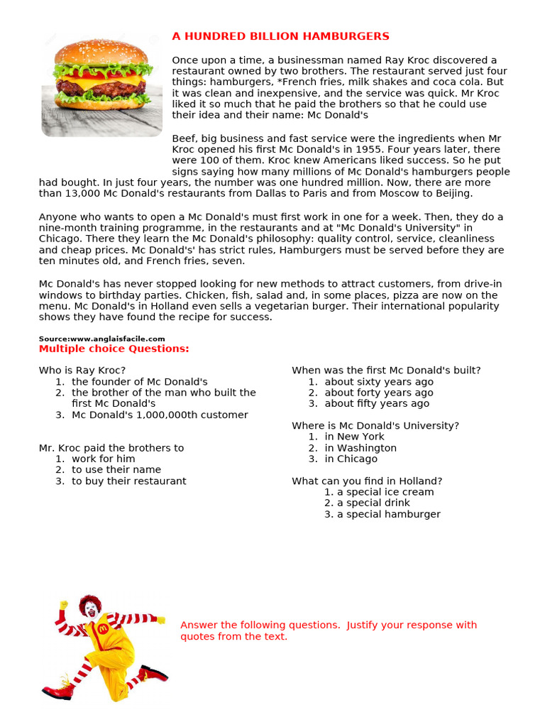 A Hundred Billion Hamburgers Reading Comprehension Exercises - 115382 ...