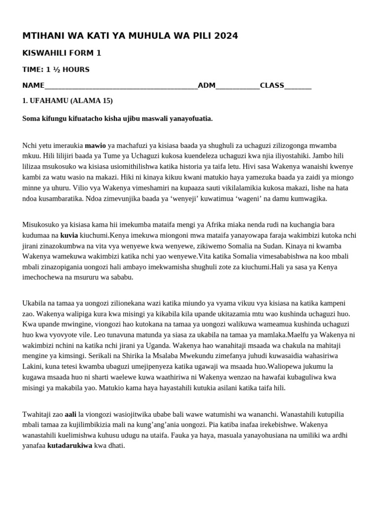 Kiswahili F1 QS Mid T2 Teacher - Co - .Ke | PDF