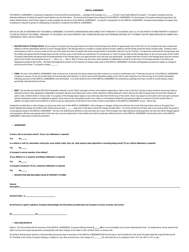 Storage Rental Agreement | PDF | Indemnity | Legal Liability