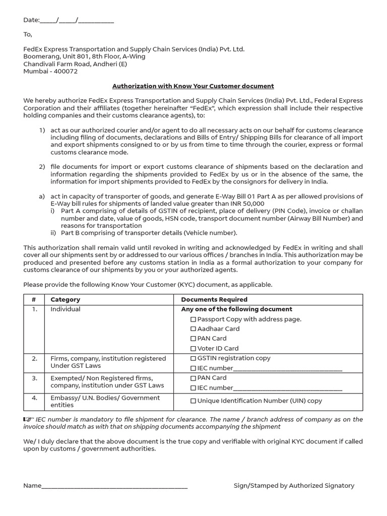 FedEx Customs Clearance Authorization | PDF | Fed Ex | Courier