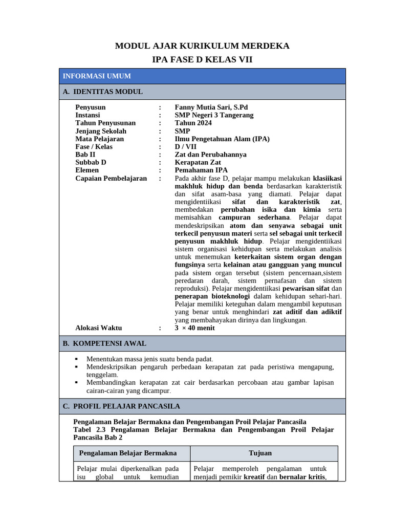 Modul Ajar IPA Fanny Mutia Sari | PDF | Sains & Matematika