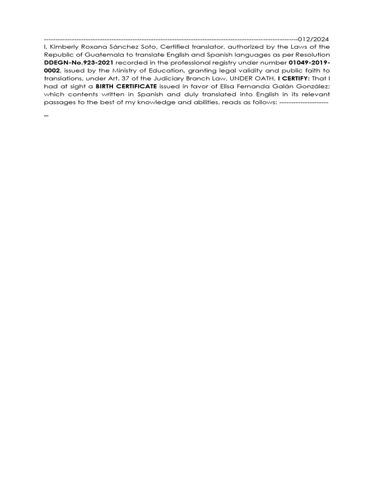 Elisa Galán Birth Certificate Translation | PDF | Identity Document ...
