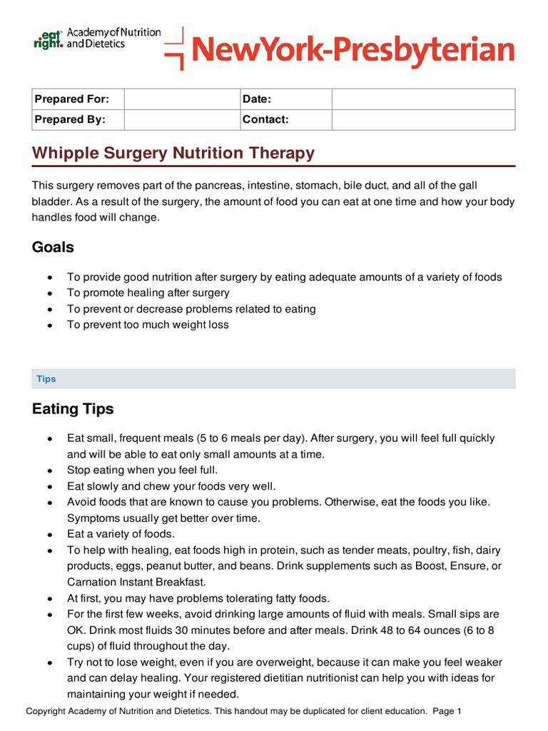 Post-Whipple Surgery Nutrition Guide | PDF | Pancreas | Foods