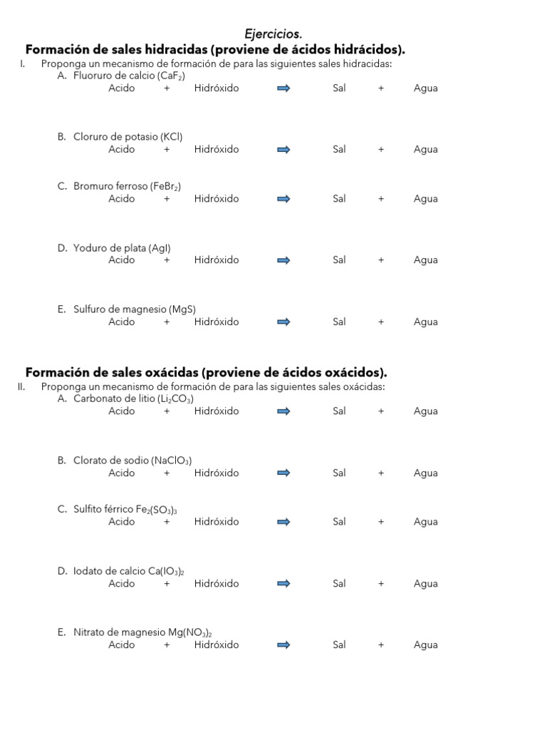 Ejercicios de Practica Sales | PDF | Sal (química) | Hidróxido