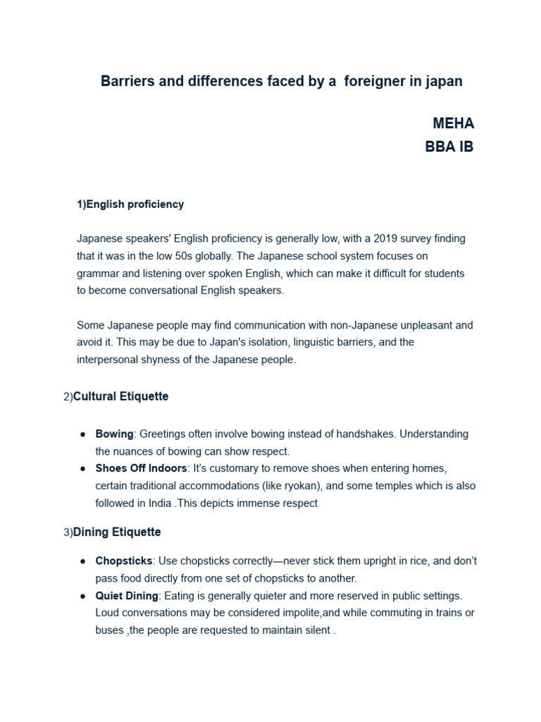 Barriers and differences faced by a foreigner in japan | PDF | Japanese Language | Human ...
