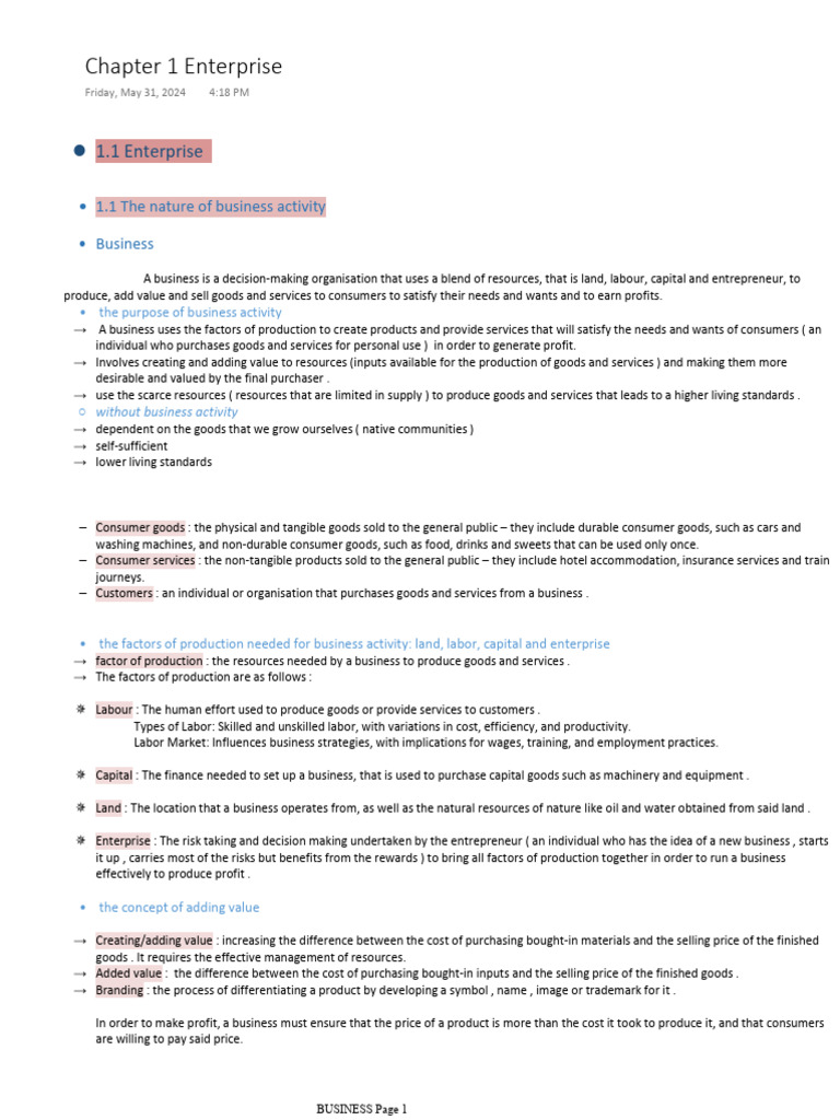 Chapter 1 Enterprise | PDF | Entrepreneurship | Goods