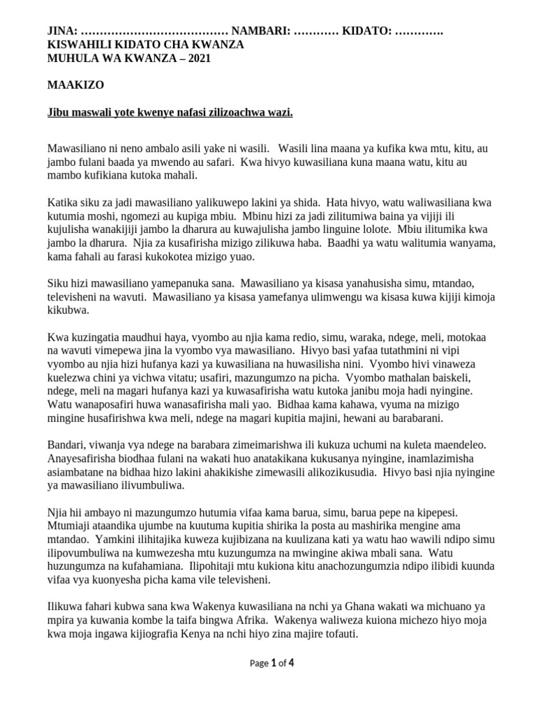 Set2 Kisw Midterm 1 Ms MidTerm 1 2021 Teacher - Co .Ke F1 Exam | PDF