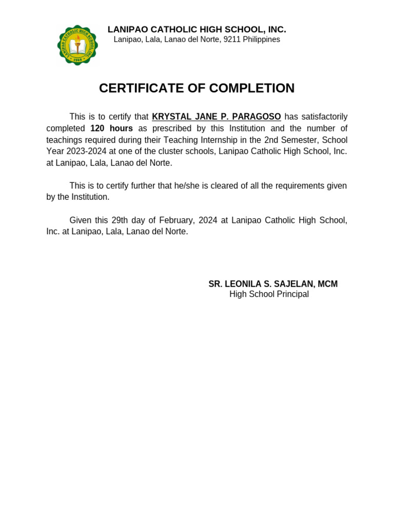 Cert Completion LANIPAO Updated | PDF | Wellness