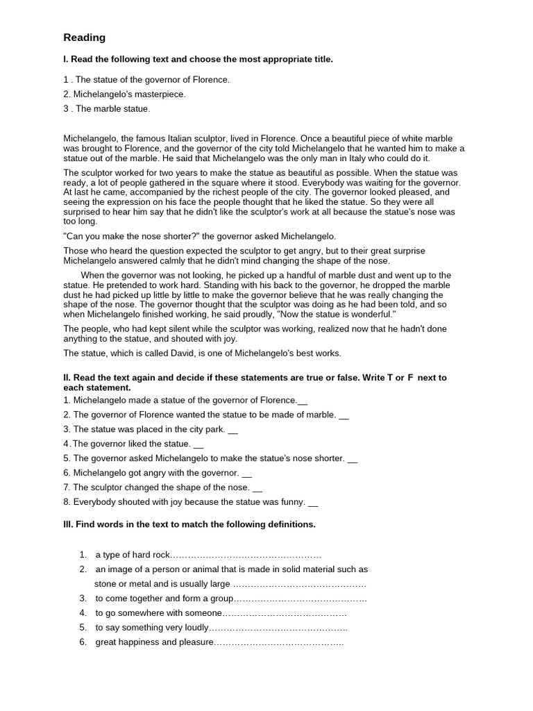 Michelangelo Reading Comprehension Exercises - 3168 | PDF ...