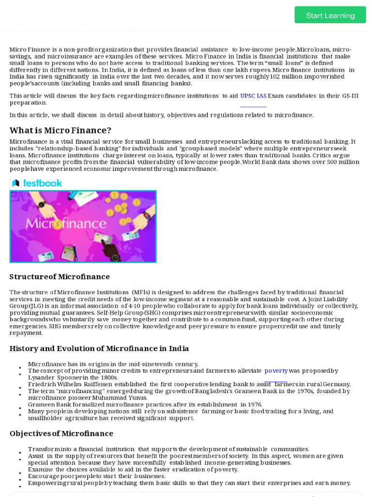 Micro Finance in India (MFI) - Know Its Objectives & Structure | PDF