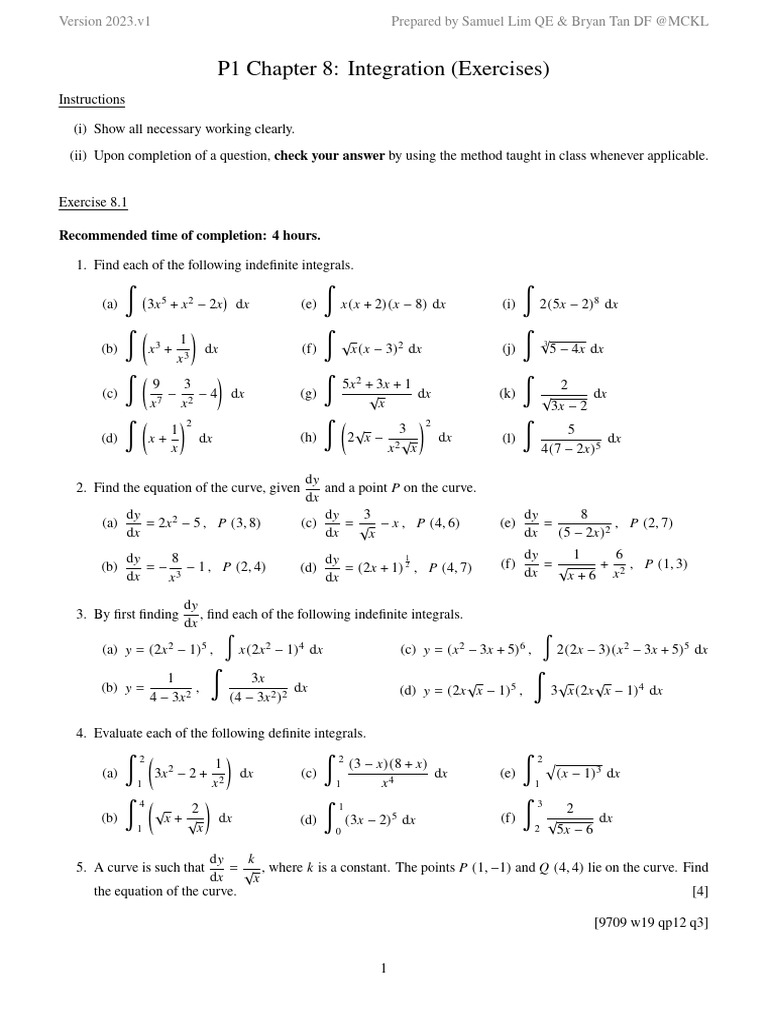 P1C8 Integration (Exercises) | PDF | Tangent | Mathematical Physics