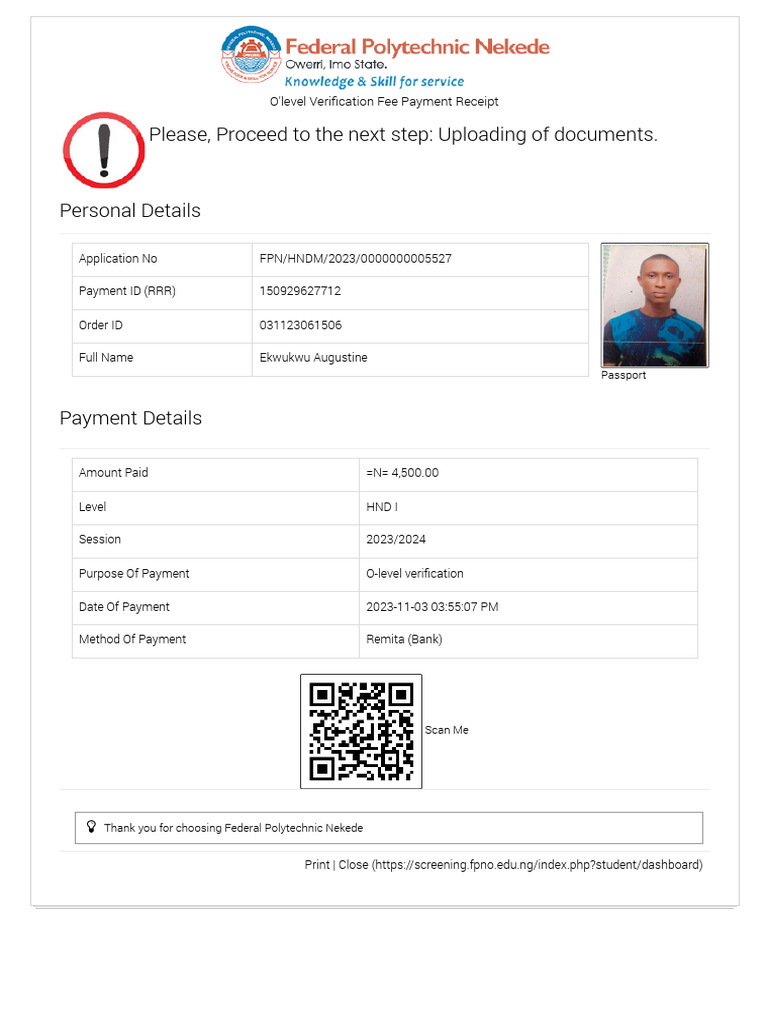 O'Level Verification Fee Receipt | PDF