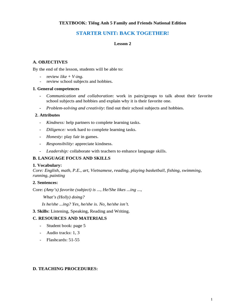 Thanh Trúc - Starter Unit - Lesson 2 | PDF | Question | Attention