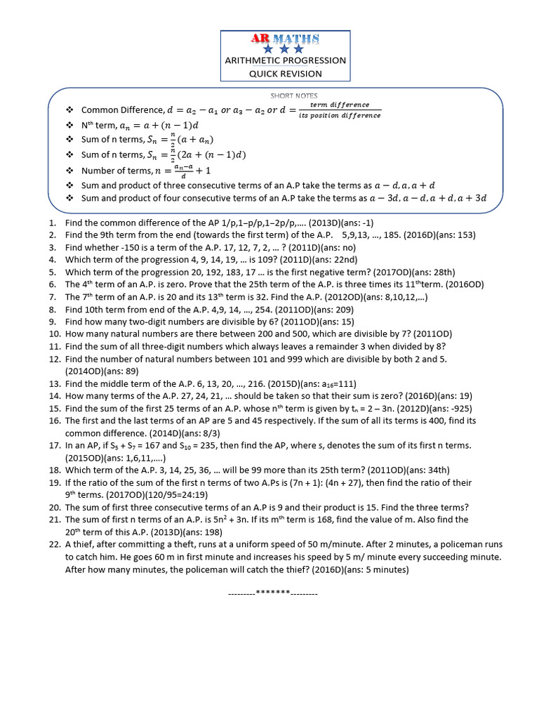 ARITHMETIC PROGRESSION - AR Maths | PDF | Numbers | Mathematics