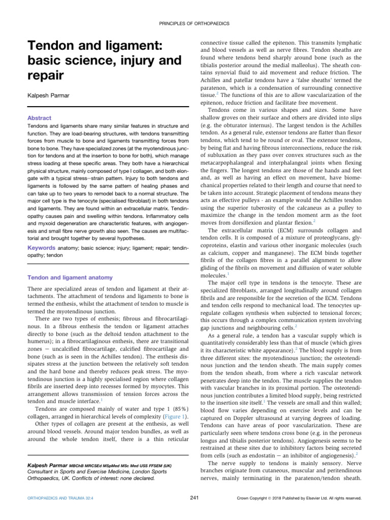 Tendon and Ligament Basic Science Injury and Repair 2018 Principles of ...